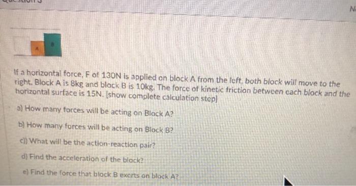 Solved N If a horizontal force, F of 130N is applied on | Chegg.com