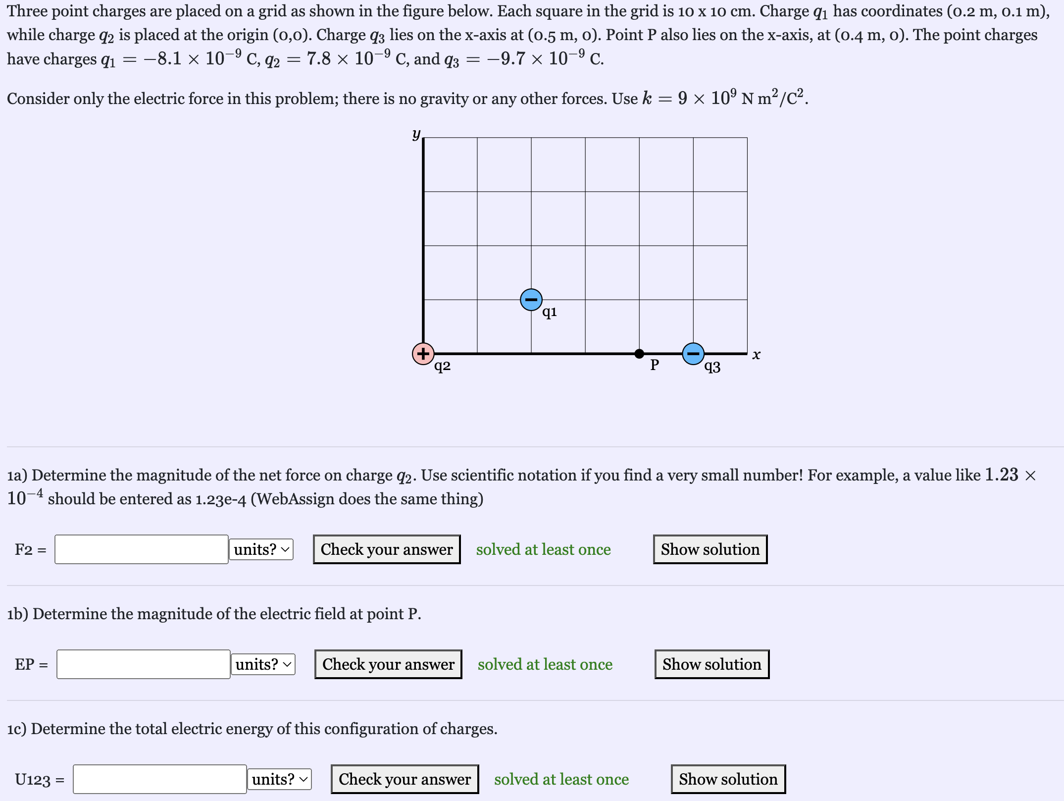 Solved Three point charges are placed on a grid as shown in | Chegg.com