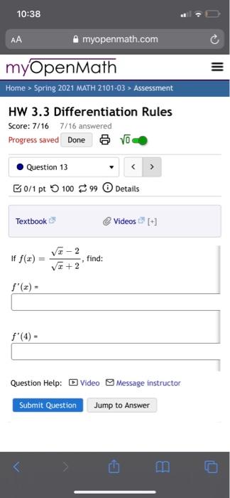 Solved 10:38 АА = myopenmath.com myOpenMath Home > Spring | Chegg.com