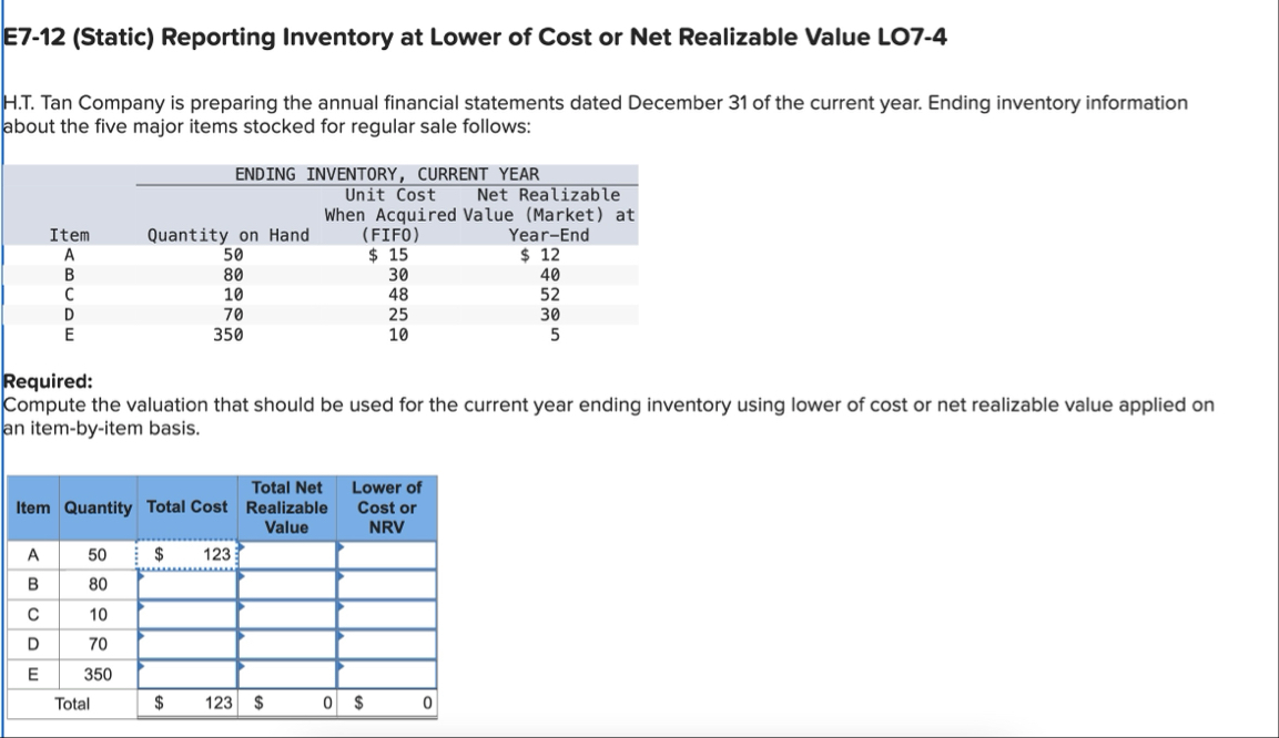 E7-12 (Static) ﻿Reporting Inventory at Lower of Cost | Chegg.com
