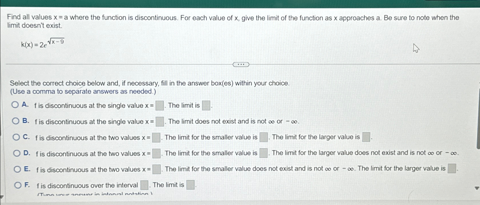 Solved Find all values x=a where the function is | Chegg.com
