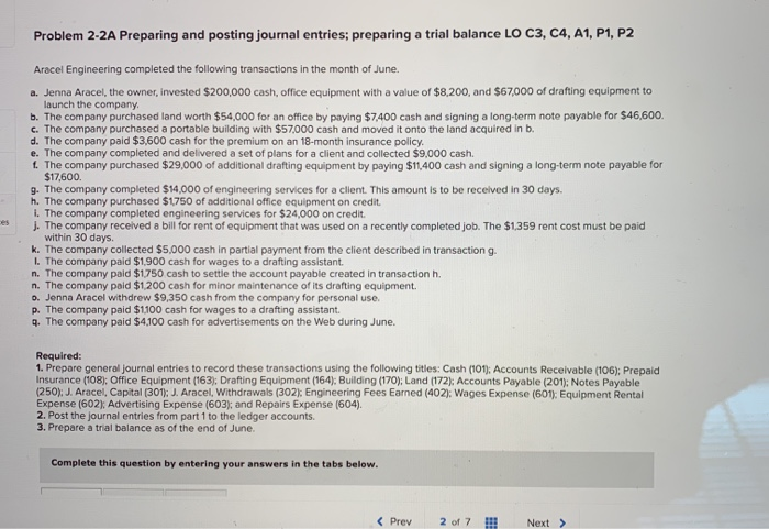 Solved Problem 2-2A Preparing and posting journal entries; | Chegg.com