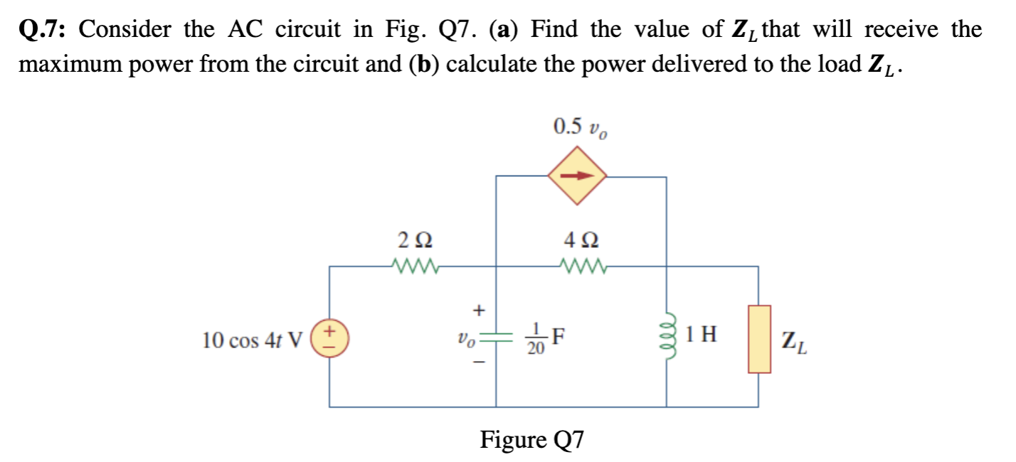 Solved Q.7: Consider the AC circuit in Fig. Q7. (a) ﻿Find | Chegg.com