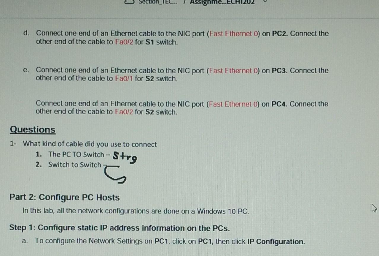 Solved d. Connect one end of an Ethernet cable to the | Chegg.com