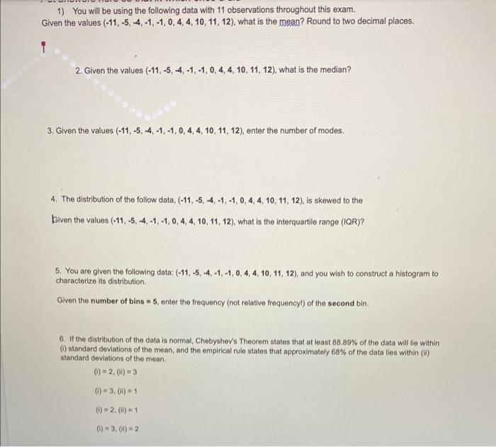 Solved 1) You will be using the following data with 11 | Chegg.com