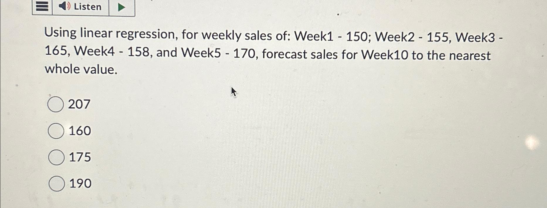 Solved ListenUsing linear regression, for weekly sales of: | Chegg.com