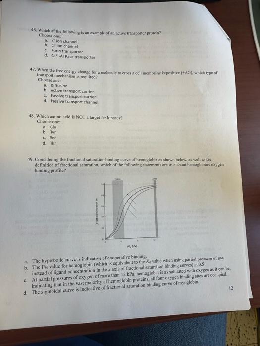 Solved 33. Consider an oxygen binding curve for hemoglobie | Chegg.com