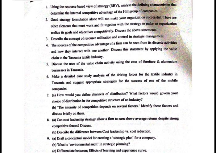 Solved 1. Using the resource based view of strategy (RBV), | Chegg.com