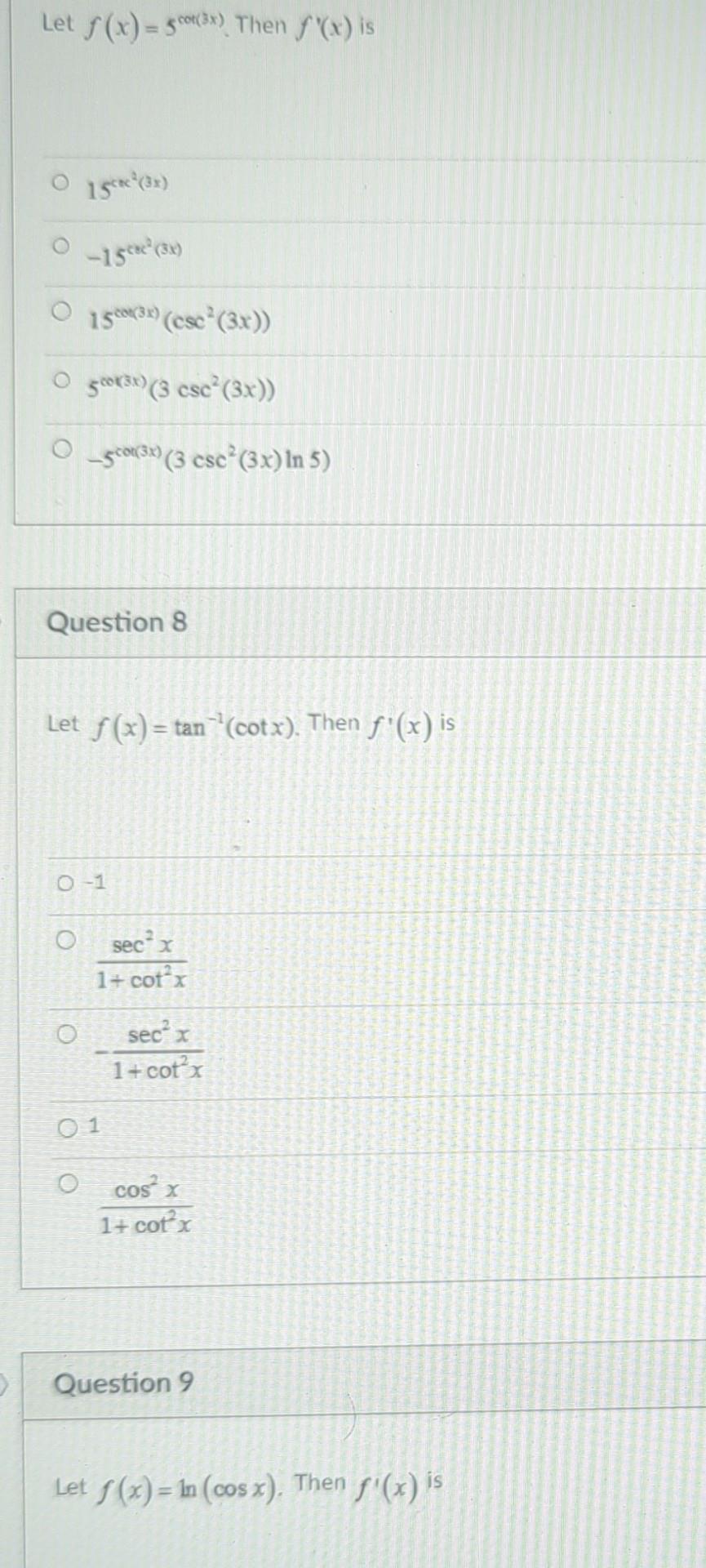 Solved Let f(x)=5cot(3x). Then f′(x) is | Chegg.com