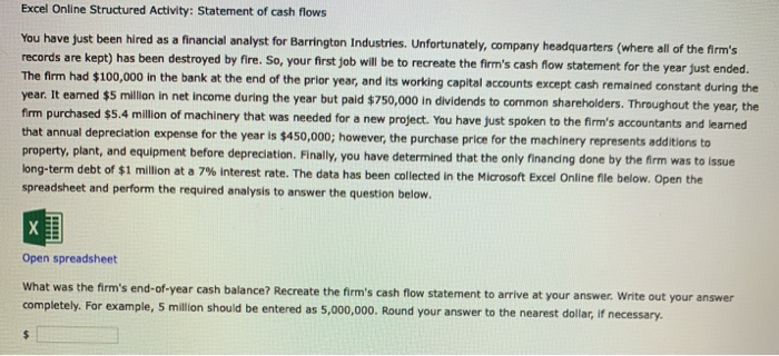 Solved Excel Online Structured Activity: Statement of cash | Chegg.com