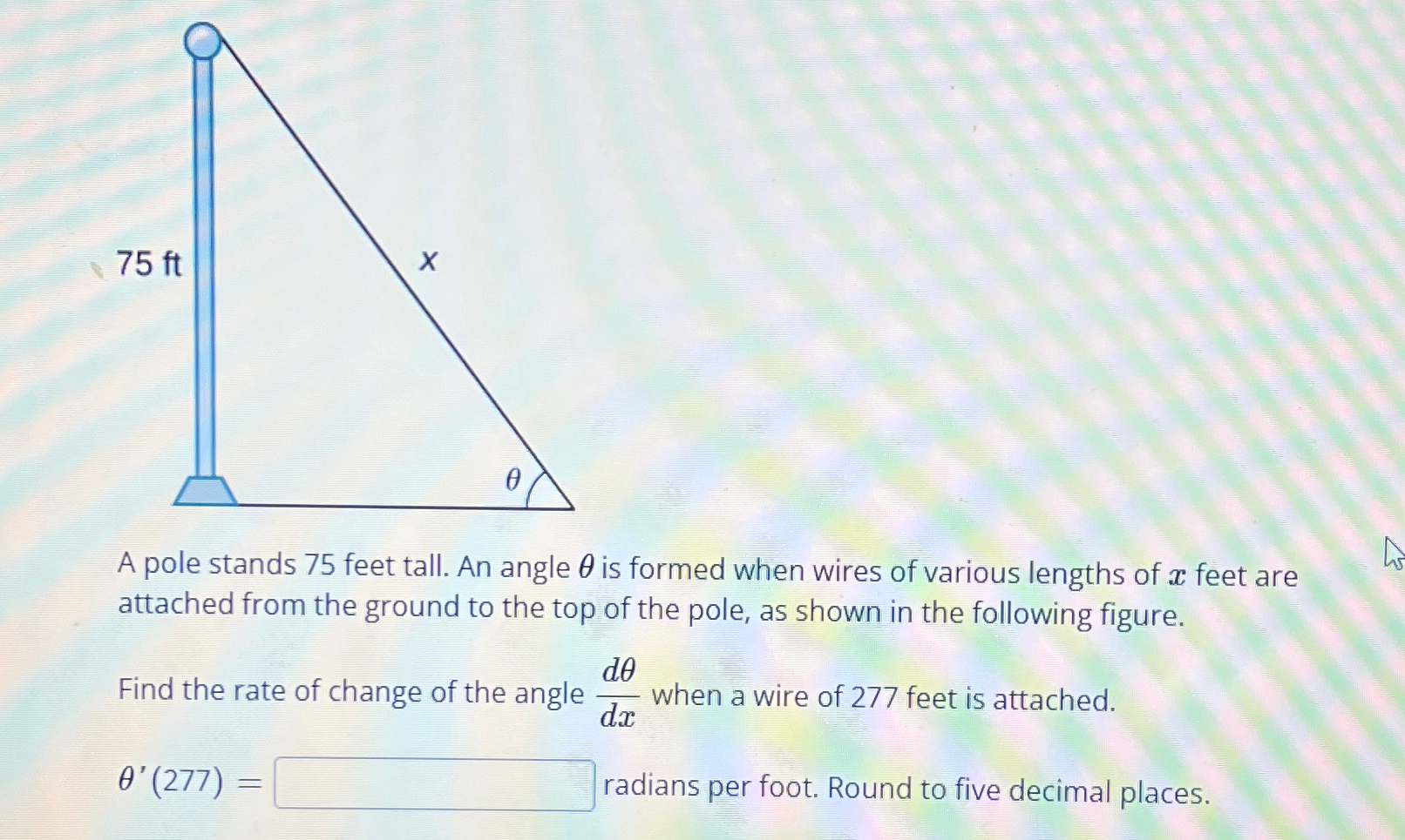 Solved A pole stands 75 ﻿feet tall. An angle θ ﻿is formed | Chegg.com