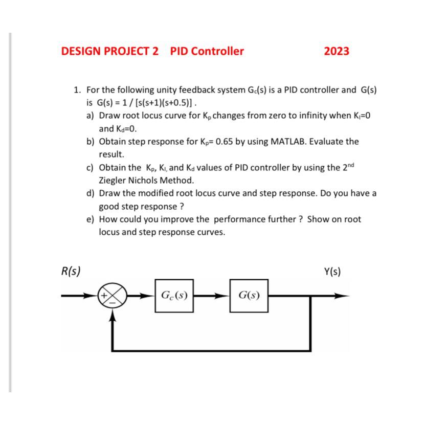 Solved DESIGN PROJECT 2 ﻿PID Controller2023For the following | Chegg.com