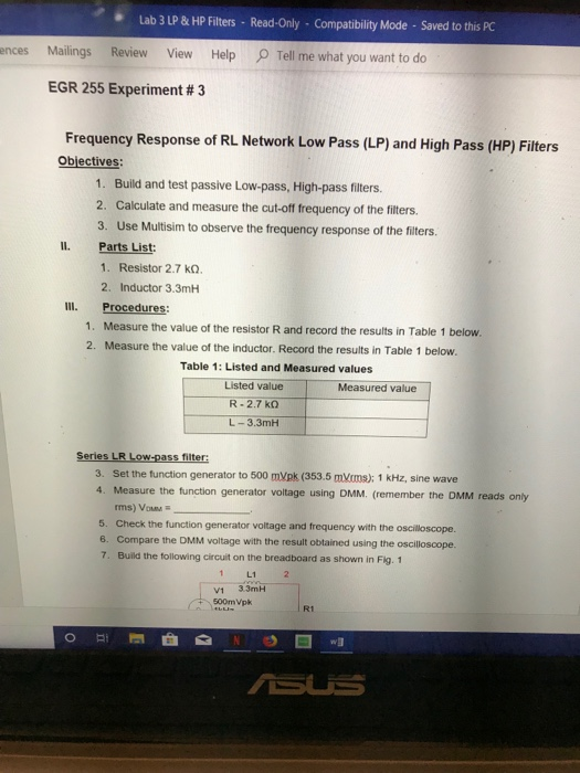 Lab #3frequency response of network low pass and | Chegg.com