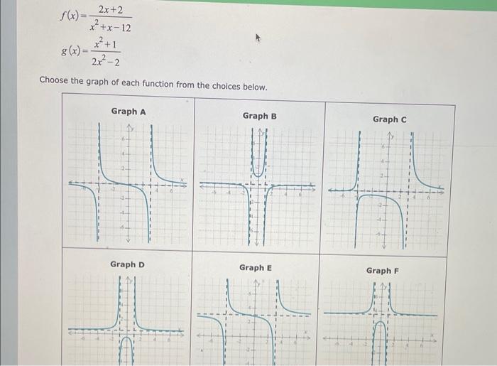 Solved f(x)=x2+x−122x+2g(x)=2x2−2x2+1 Choose the graph of | Chegg.com