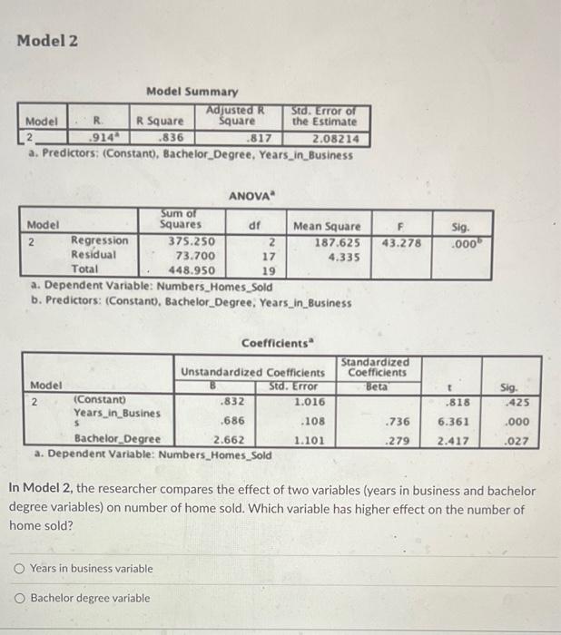 Solved Model 2 Model Summary a. Predictors: (Constant, | Chegg.com