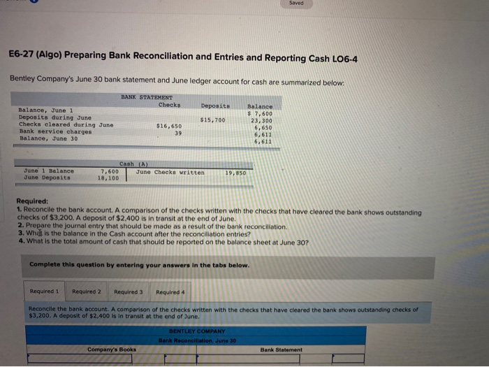 Solved E6-27 (Algo) Preparing Bank Reconciliation and | Chegg.com