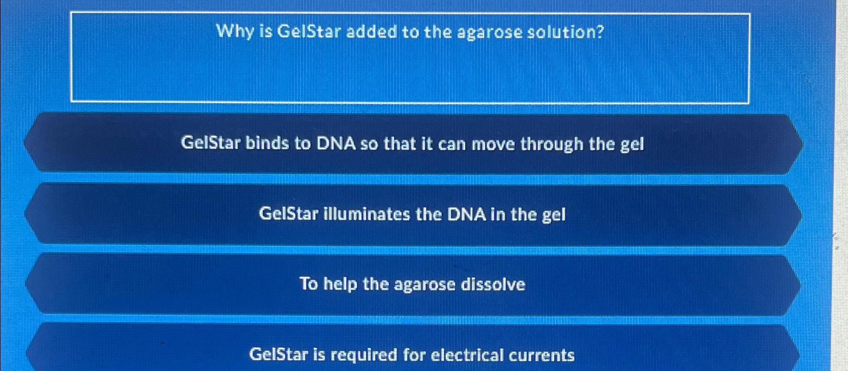 Solved Why is GelStar added to the agarose solution?GelStar | Chegg.com