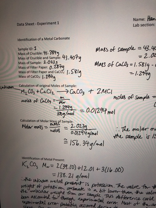 Solved Name: Han. Data Sheet - Experiment 1 Lab section: | Chegg.com