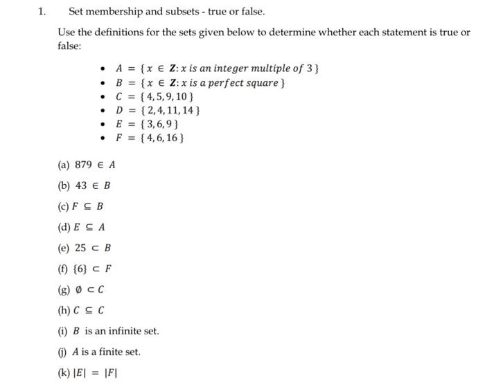 Solved Set Membership And Subsets True Or False Use The