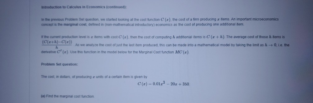Solved Introduction to Calculus in Economics (continued): In | Chegg.com