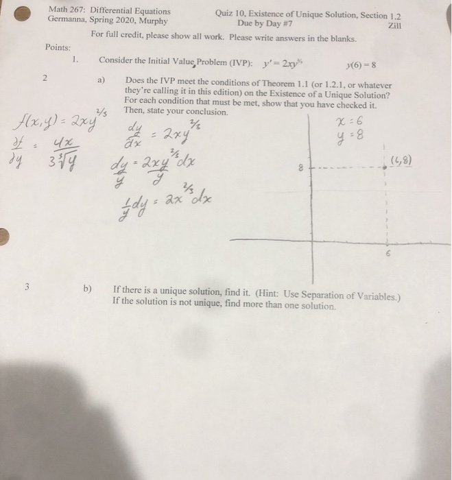 Solved Math 267: Differential Equations Quiz 10. Existence | Chegg.com
