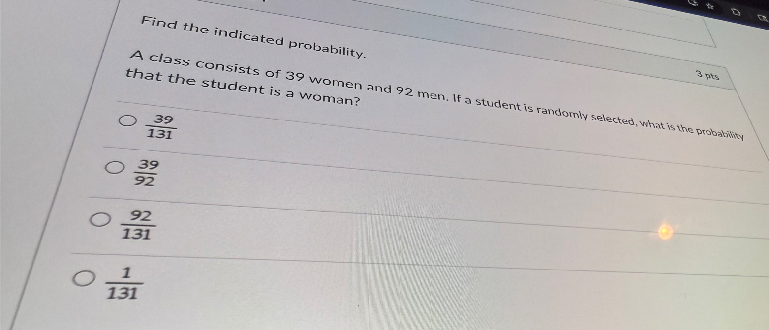 Solved Find the indicated probability.A class consists of 39 | Chegg.com