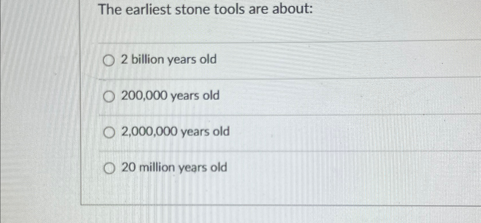 Solved The earliest stone tools are about:2 ﻿billion years | Chegg.com