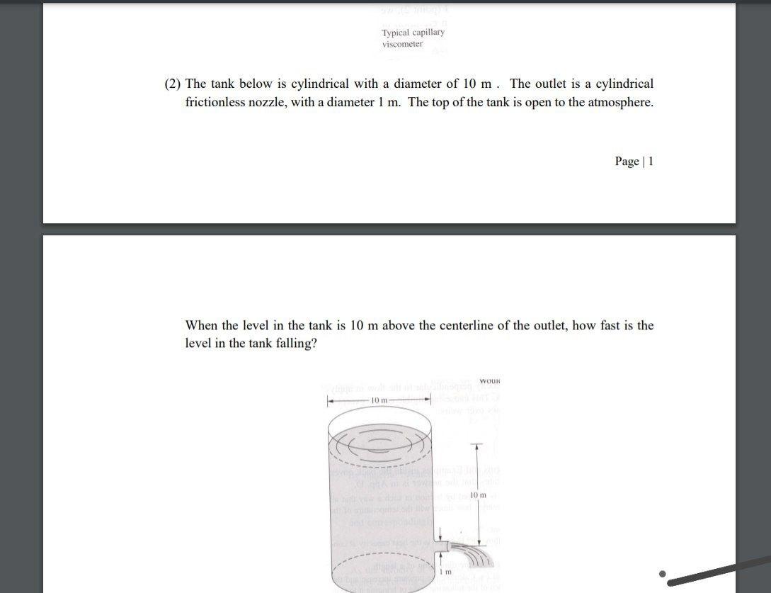 Solved Typical capillary Viscometer (2) The tank below is | Chegg.com