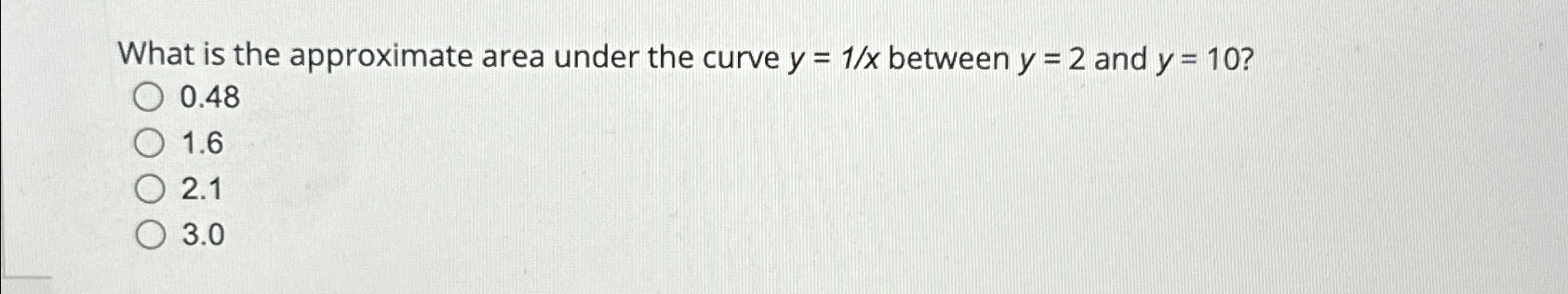 Solved What is the approximate area under the curve y=1x | Chegg.com