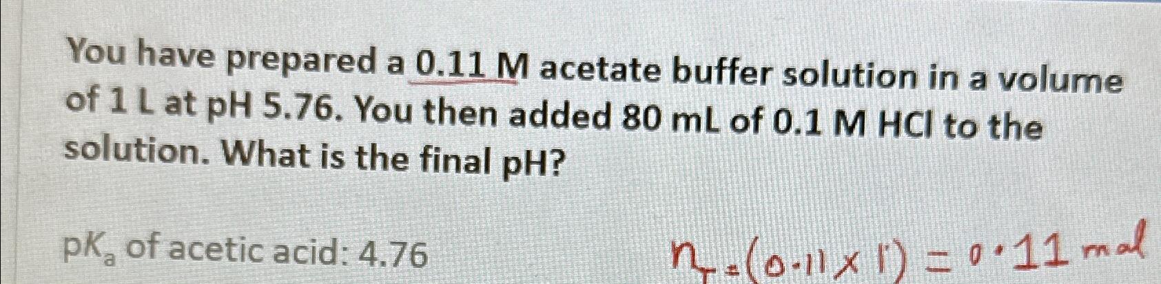 Solved You have prepared a 0.11M ﻿acetate buffer solution in | Chegg.com