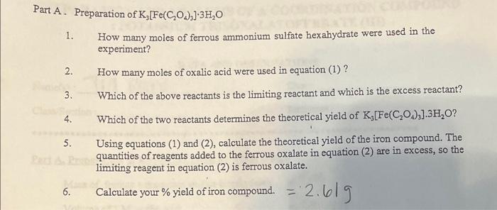 Solved Part A. Preparation of K3[Fe(C2O4)3⋅3H2O (first week) | Chegg.com