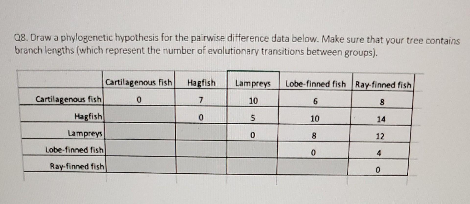 Solved Q8. Draw a phylogenetic hypothesis for the pairwise | Chegg.com