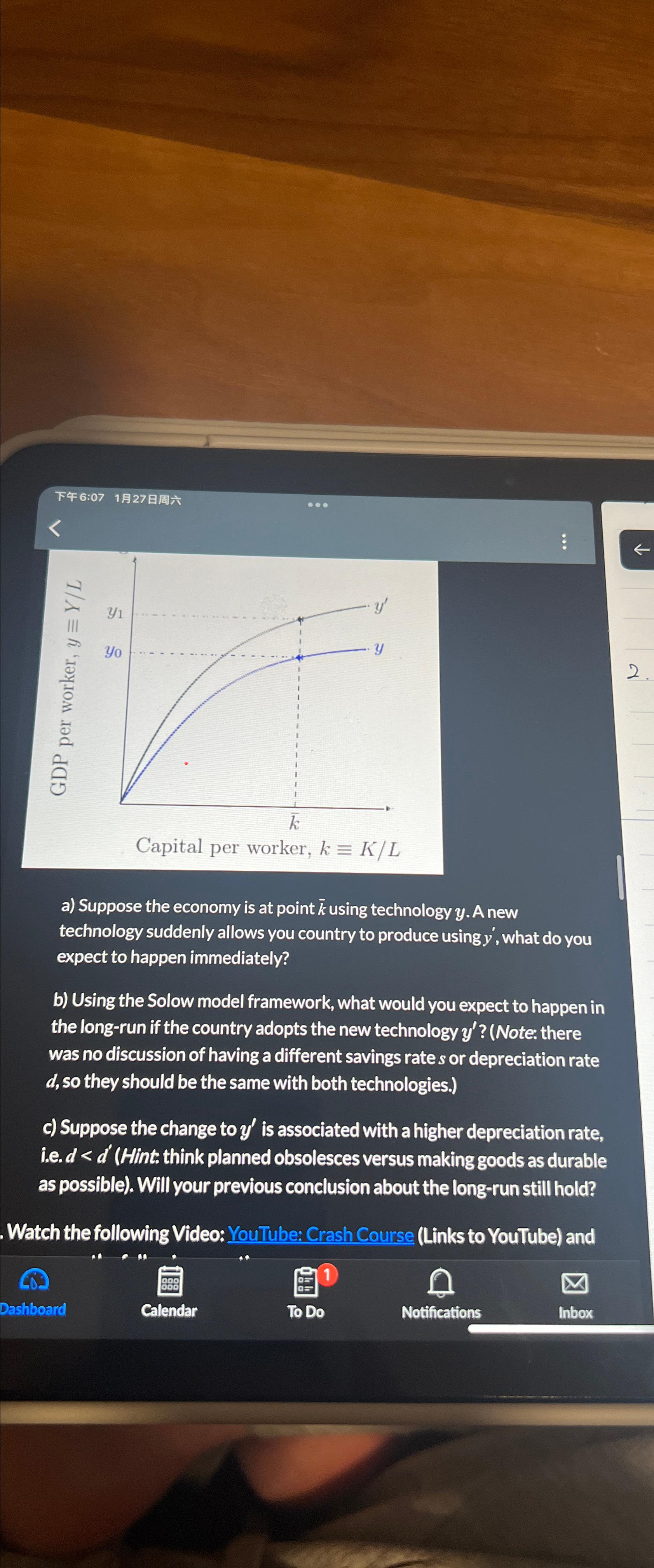 Solved 下午 6:07 1月27日周六Capital per worker, k-=KLa) ﻿Suppose | Chegg.com