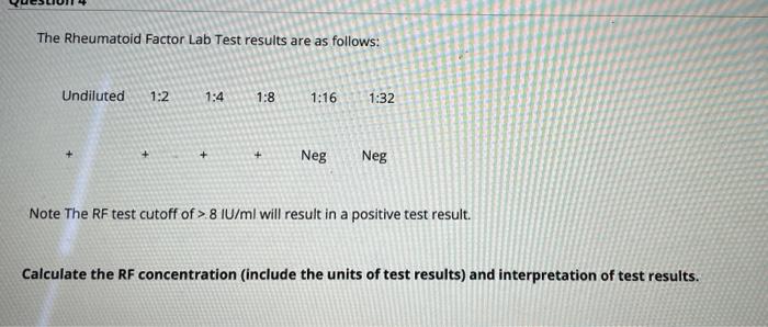 Solved The Rheumatoid Factor Lab Test results are as | Chegg.com