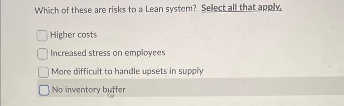 Solved Which of these are risks to a Lean system? Select all | Chegg.com