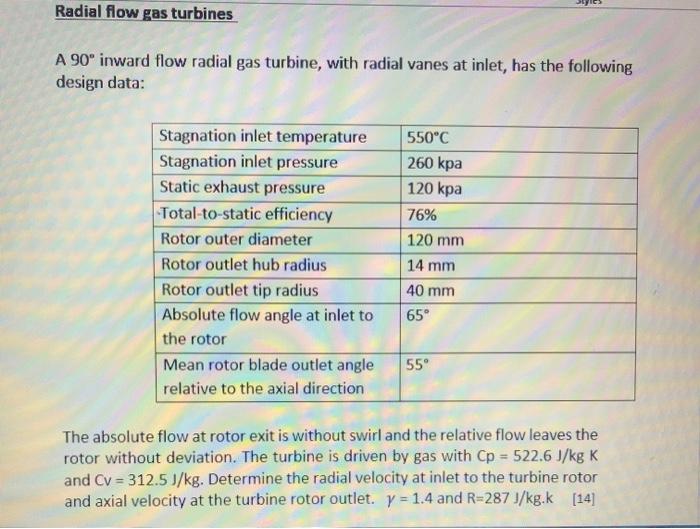 Radial flow gas turbines A 90 inward flow radial gas | Chegg.com