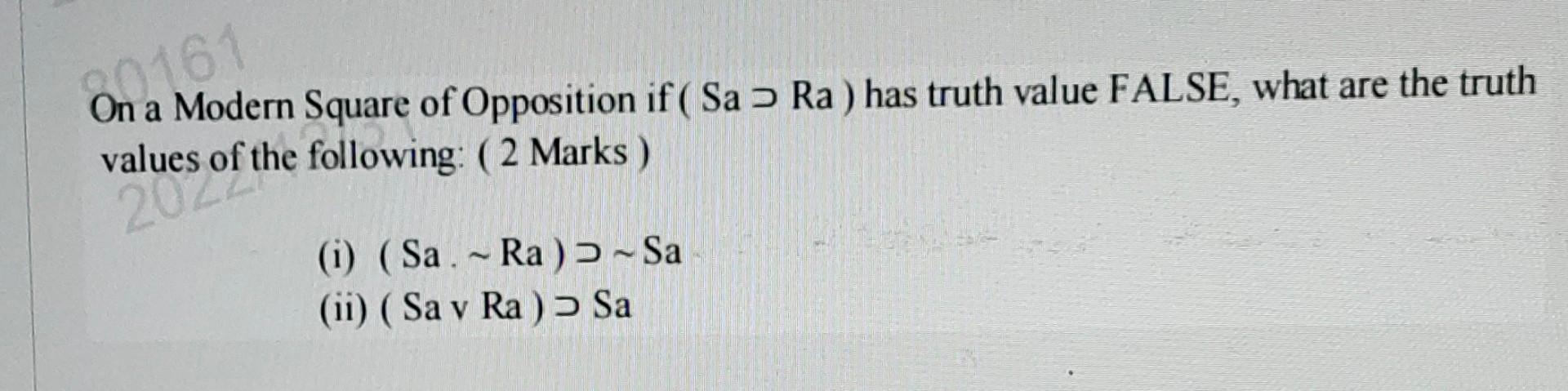 Solved On a Modern Square of Opposition if ( Sa⊃Ra ) has | Chegg.com