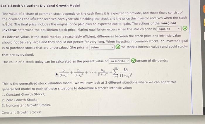 Solved Basic Stock Valuation: Dividend Growth Model The | Chegg.com