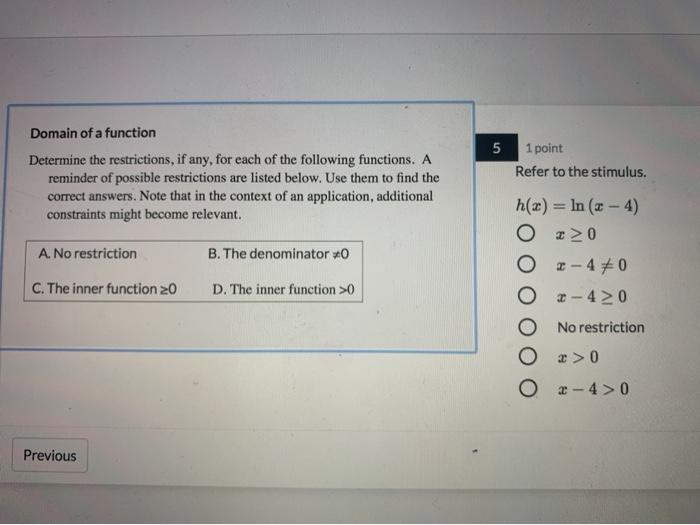 Solved 5 Domain of a function Determine the restrictions, if | Chegg.com