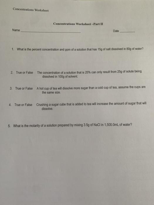 Solved Concentrations Worksheet Concentrations Worksheet | Chegg.com