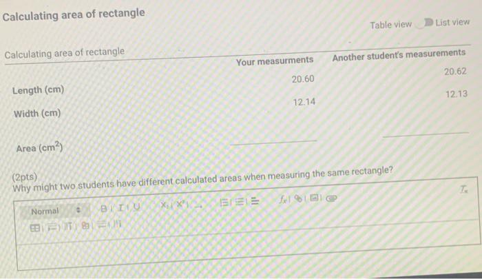 Solved Calculating area of rectangle Table view List view | Chegg.com