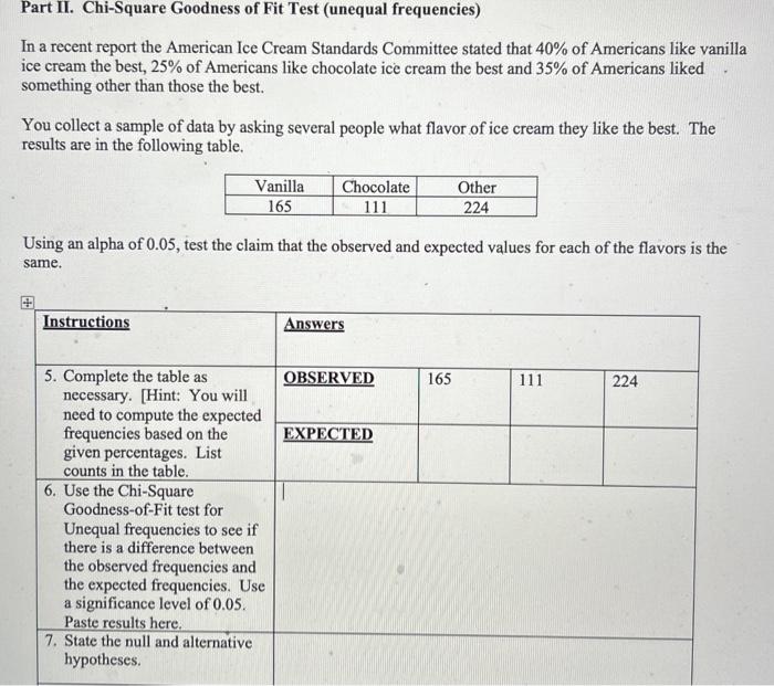 Solved Part II. Chi-Square Goodness of Fit Test (unequal | Chegg.com