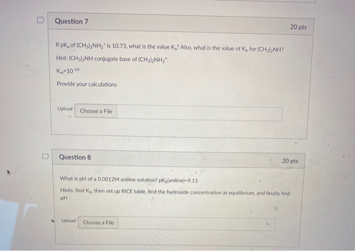Solved Question 7 20 pts If pk, of (CH3)2NH2* is 10.73, what | Chegg.com