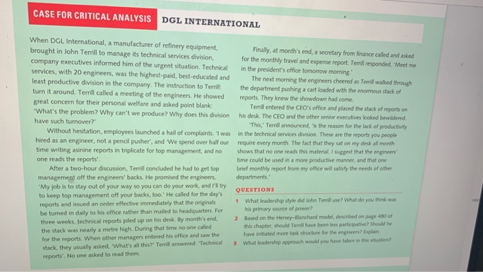 Solved CASE FOR CRITICAL ANALYSIS DGL INTERNATIONAL When DGL | Chegg.com
