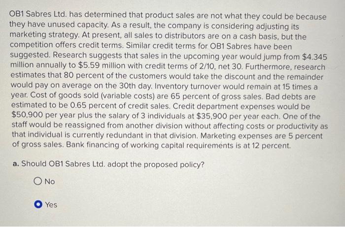 Solved OB1 Sabres Ltd. has determined that product sales are | Chegg.com