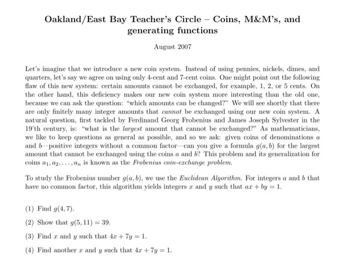 Solved Oakland/East Bay Teacher's Circle - Coins, M\&M's, | Chegg.com