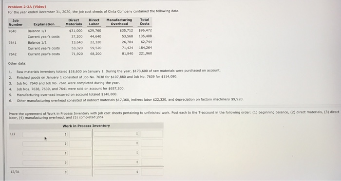 Solved Problem 2-2A (Video) For the year ended December 31, | Chegg.com