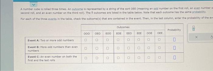 Solved A number cube is rolled three times. An outcome is | Chegg.com