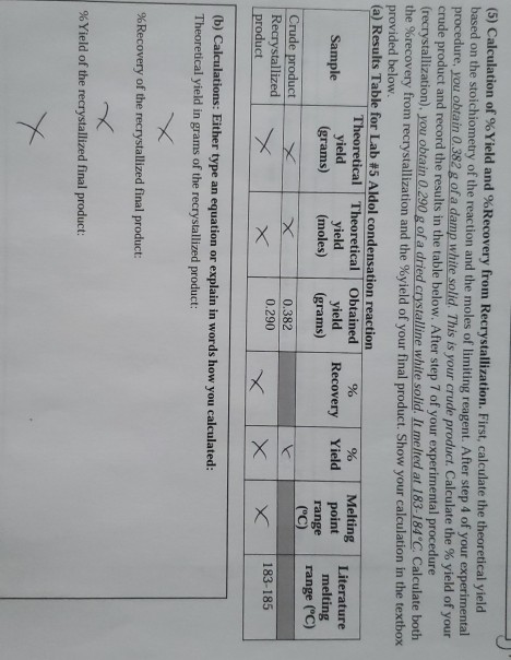 (5) Calculation of % Yield and Recovery from | Chegg.com