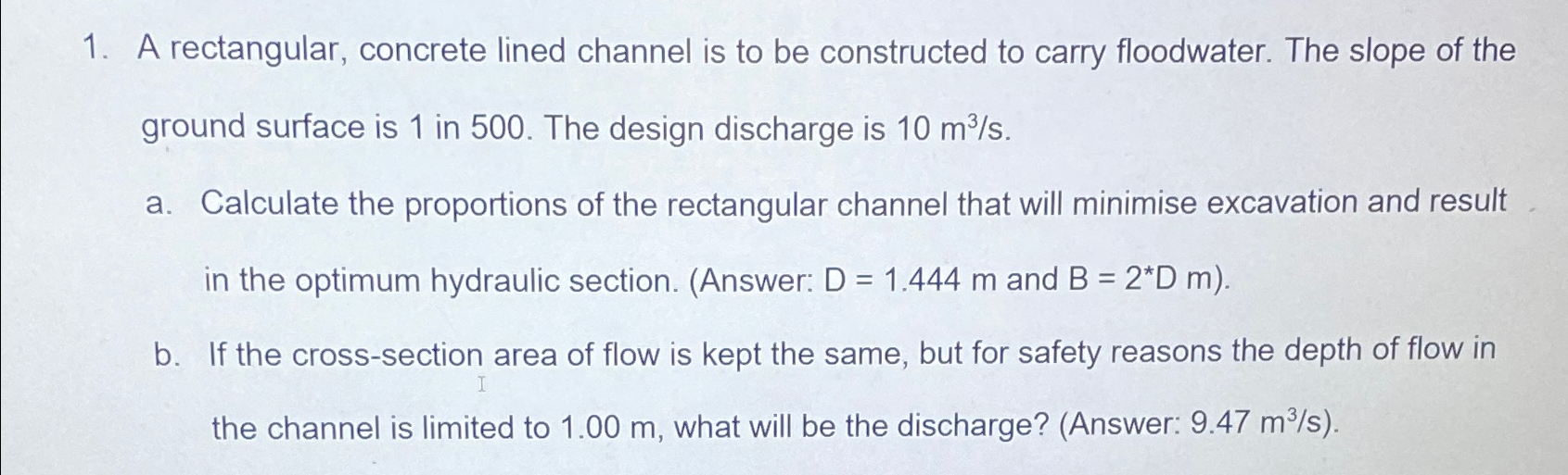 Solved A rectangular, concrete lined channel is to be | Chegg.com